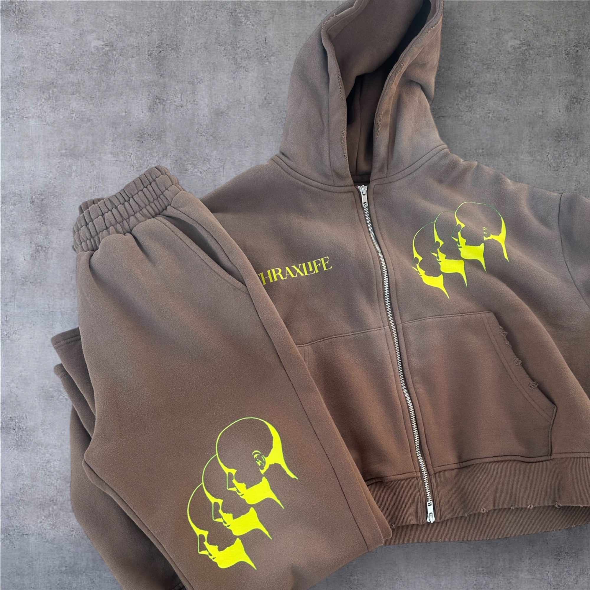 "HUMAN DESIGN" BROWN HEAVY DISTRESSED ZIPPER SET – ThraxLifeCompany